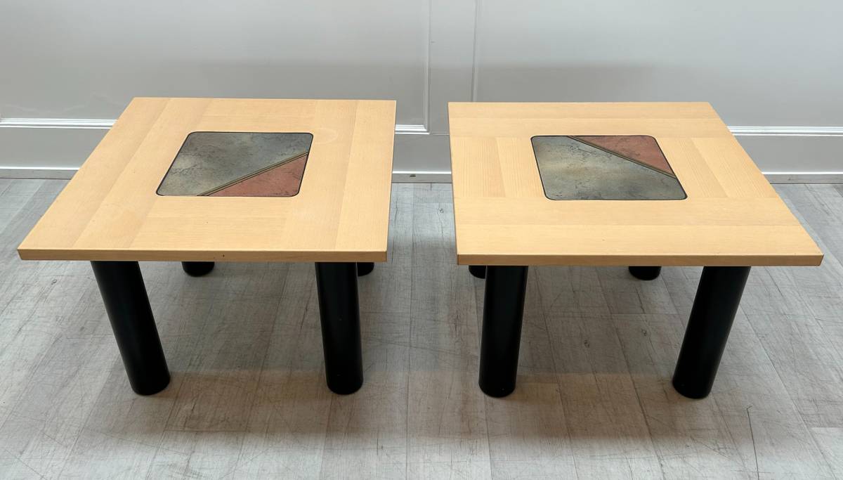 Danish Tile Centered Blonde Wood Side Tables – Split Level Modern